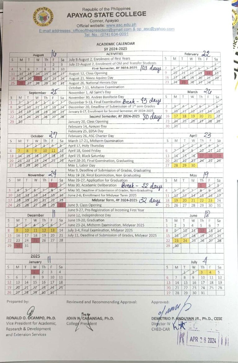 Academic Calendar - Apayao State College